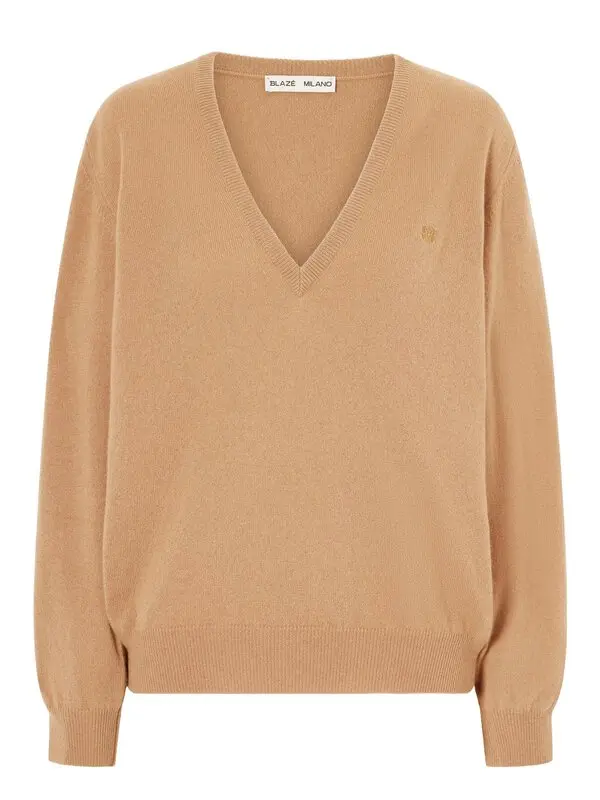BLAZÉ MILANO Highland Embroidered V-neck Wool And Cashmere-blend Sweater - Camel
