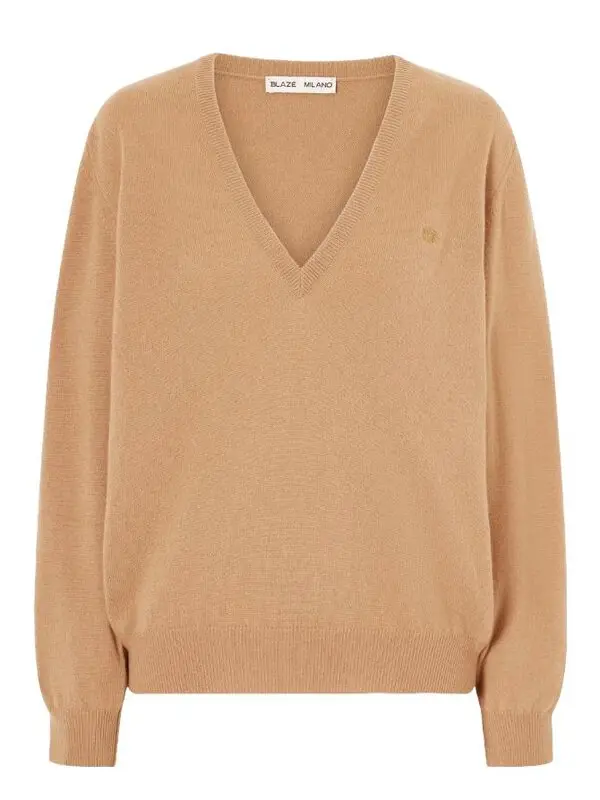 BLAZÉ MILANO Highland Embroidered V-neck Wool And Cashmere-blend Sweater - Camel
