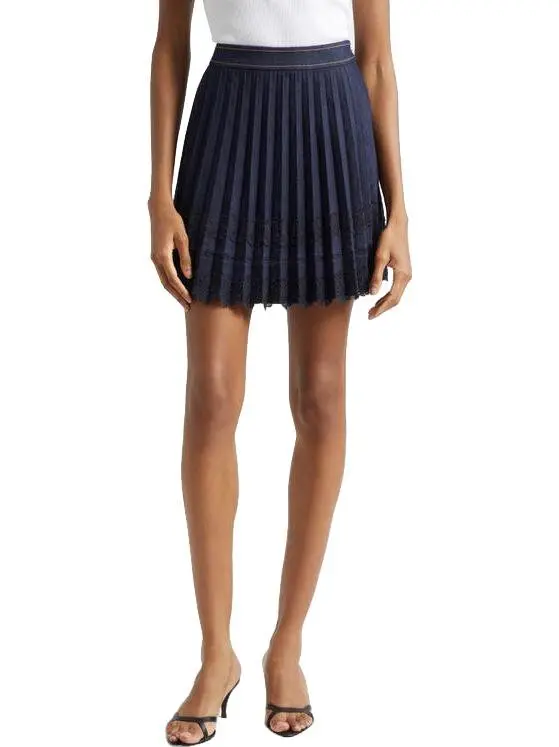 Cinq À Sept Pleated Denim Skirt With Lace Trim - Indigo/navy
