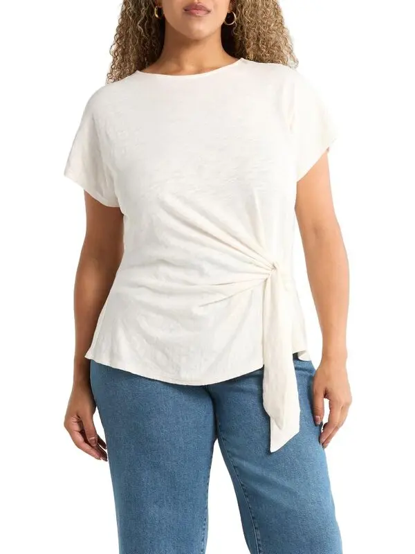 Caslon Drop Shoulder Tie Front Top - Ivory Pristine