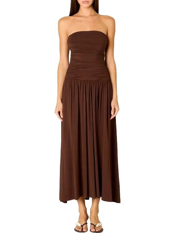 NIA Strapless Ruched Midi Dress - Java