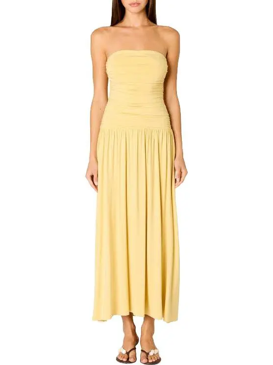 NIA Strapless Ruched Midi Dress - Maize