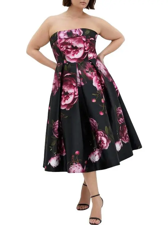 City Chic Strapless Floral Print Cocktail Dress - Multi Bloom