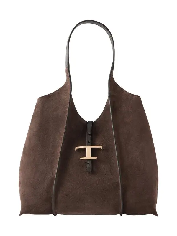 TOD'S T Timeless Medium Suede Shoulder Bag - Brown