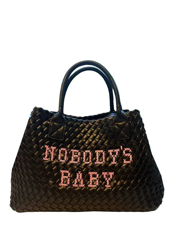 LILLY LOVES Woven Vegan Leather Tote Bag With Embroidery - Black