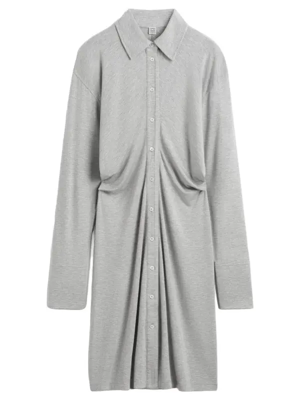 TOTEME Ruched Mini Dress With Button Placket And Cuffs - Light Gray