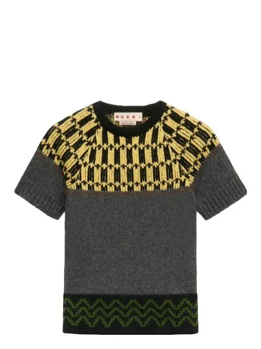 Marni Short Sleeve Knitted Sweater With Geometric Yoke - Grey