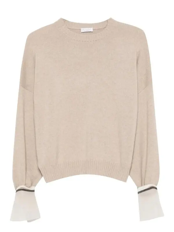 Brunello Cucinelli Monili Embellished Paneled Cuff Sweater - Beige