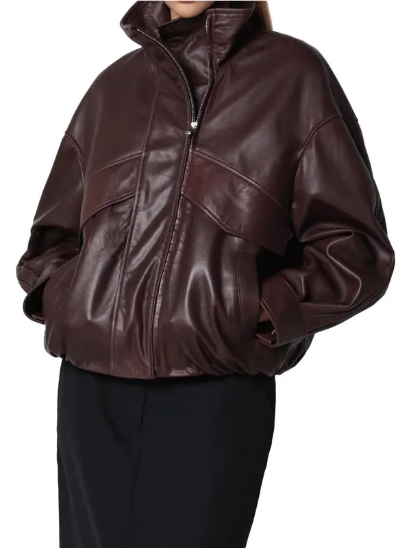 Nour Hammour Leather Bomber Jacket - Brown