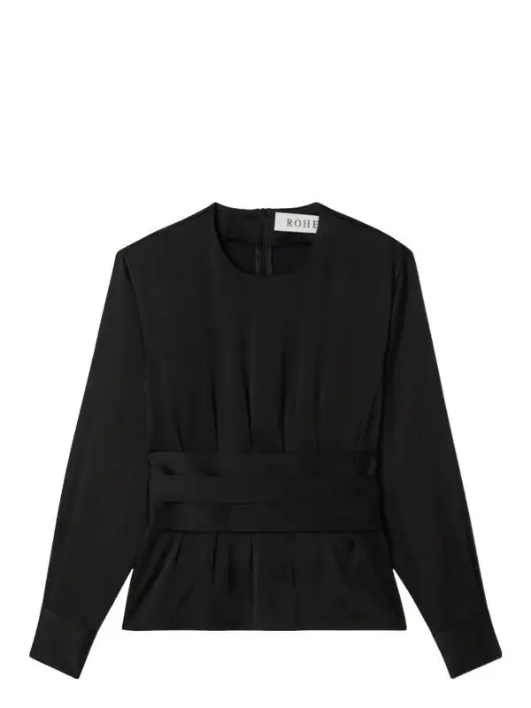 RÓHE Crew Neck Pleated Blouse With Belt - Black