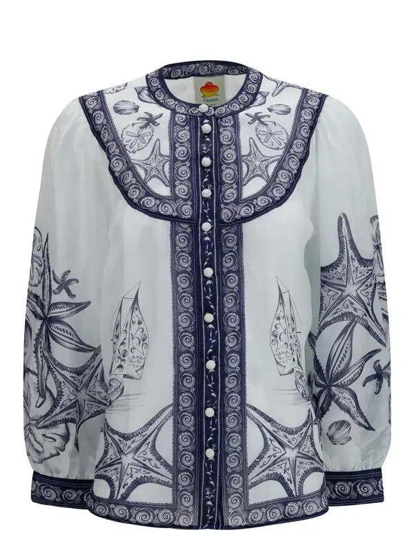 Farm Rio Seaside Print Long Sleeve Top - Gray