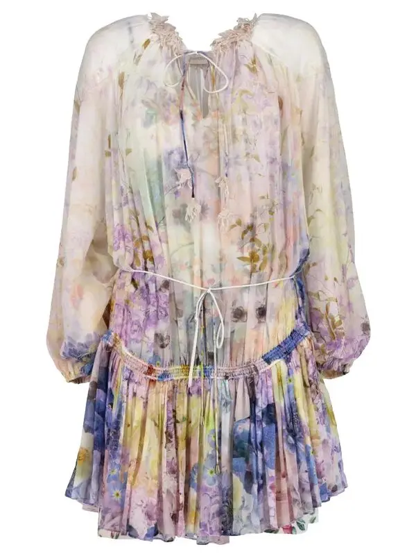 Zimmermann Floral-print Ruffled Collar Mini Dress - Neutrals