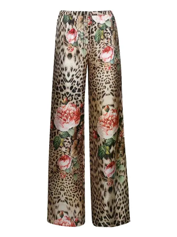 Roberto Cavalli Rose Jaguar-print Silk Trousers - Neutrals