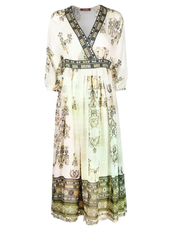Max Mara V-neck Graphic Print Silk Dress - Neutrals