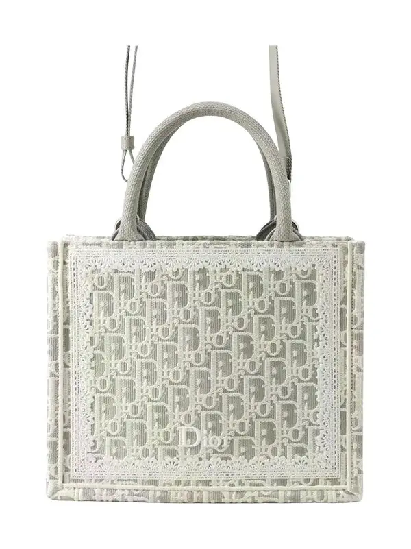 Dior Mini Oblique Embroidered Canvas Lace Book Tote Satchel - Grey