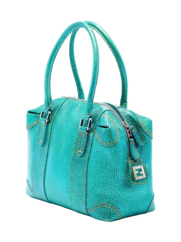 Fendi Metallic Pebbled Leather Mixed Media Boston Bag - Green