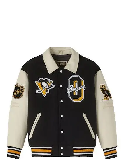 OVO X Nhl Pittsburgh Penguins Leather & Wool Varsity Jacket - Black
