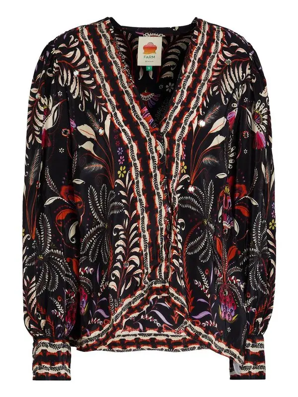 Farm Rio Embellished Printed Satin Blouse - Black