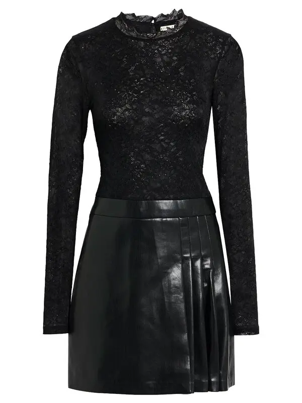 Alice + Olivia Chara Pleated Corded Lace Mini Dress - Black