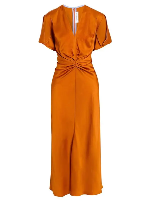 Victoria Beckham Gathered Satin-crepe Midi Dress - Orange