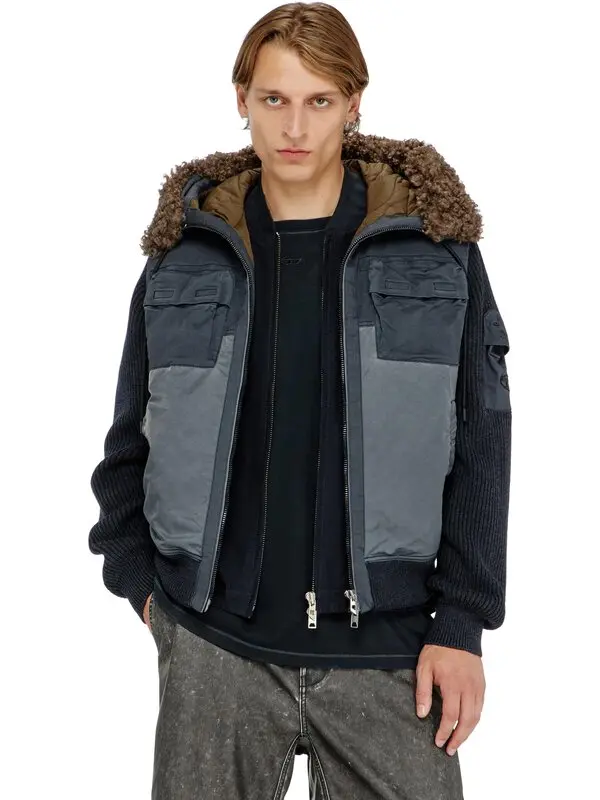 DIESEL® Hooded Padded Jacket With Knitted Sleeves - Blue