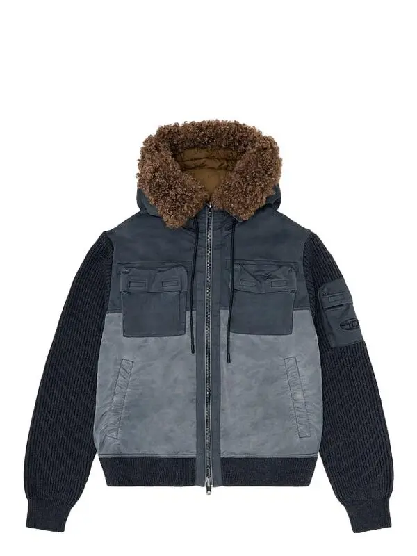 DIESEL® Hooded Padded Jacket With Knitted Sleeves - Blue
