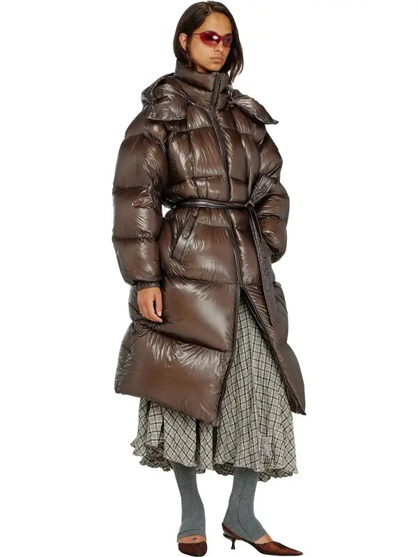 DIESEL® Down Puffer Coat With Removable Hood And Belted Waist - Brown