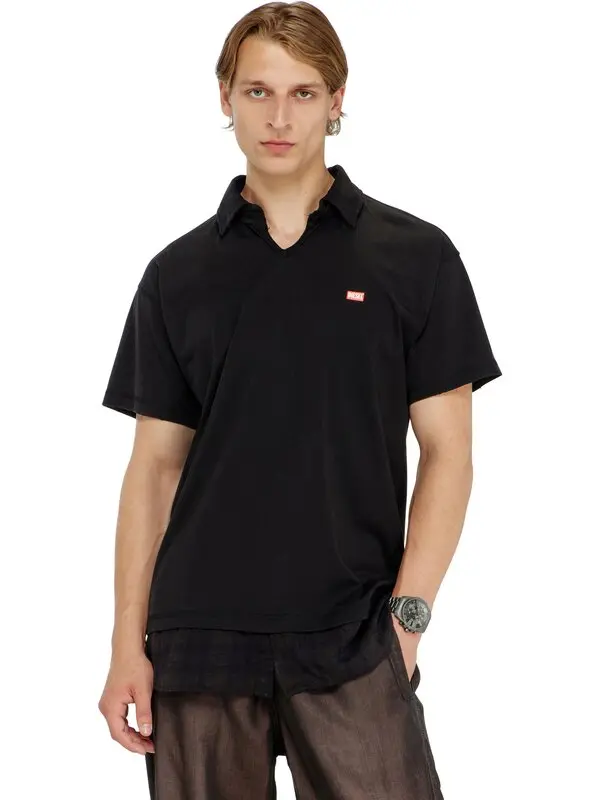 DIESEL® Jersey Polo Shirt With Check Flannel Trims - Black