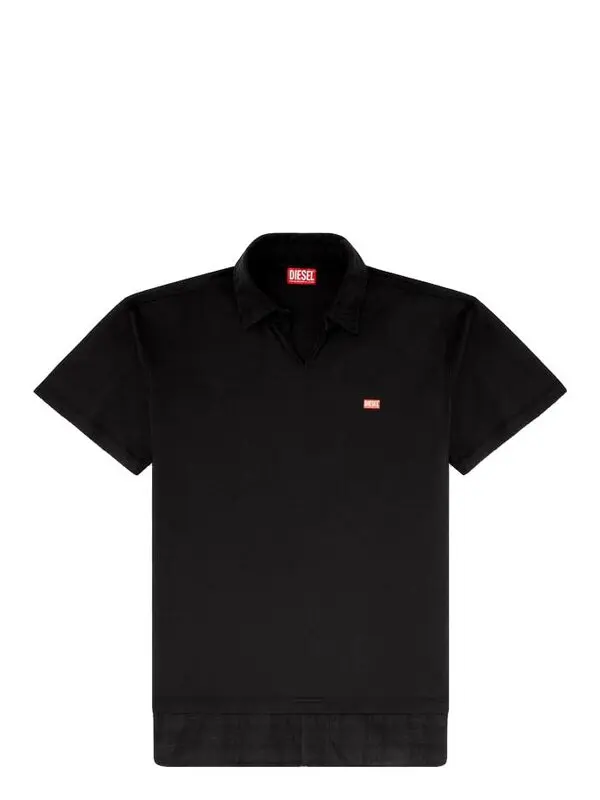DIESEL® Jersey Polo Shirt With Check Flannel Trims - Black