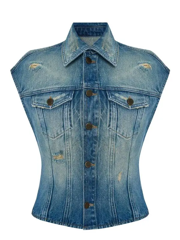 MAISON SEL Overdyed Denim Embroidered Vest - Blue