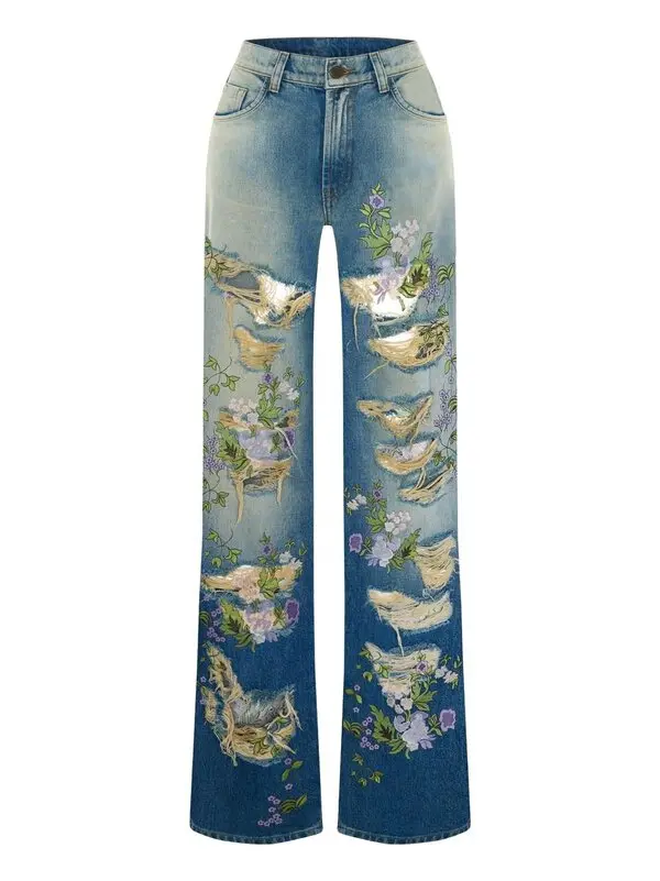 MAISON SEL Overdyed Denim Embroidered Jeans - Blue