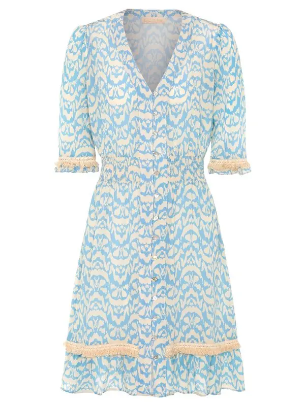 GUINEA Abstract Ikat Print Button Front Dress - Blue/white