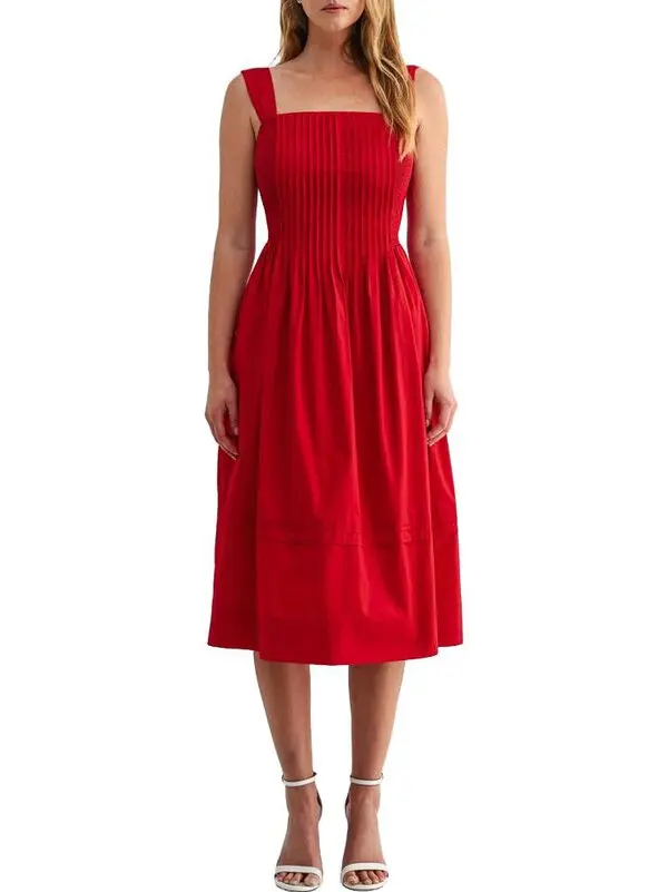 QUINCY MAE Pleated Bodice Cotton Midi Dress - Red