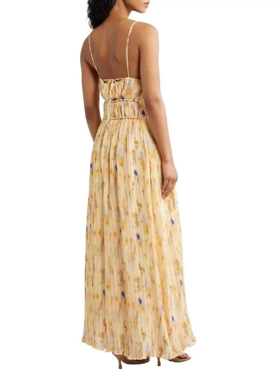Line & Dot Potpourri Abstract Floral Micropleat Chiffon Maxi Dress - Multi