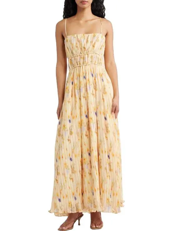 Line & Dot Potpourri Abstract Floral Micropleat Chiffon Maxi Dress - Multi