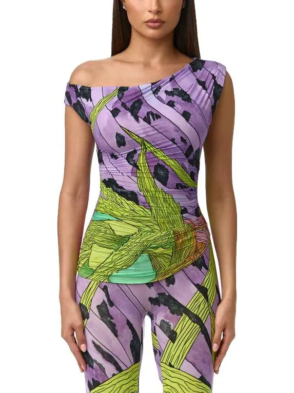Naked Wardrobe Print Ruched One-shoulder Top - Lethal Botanical