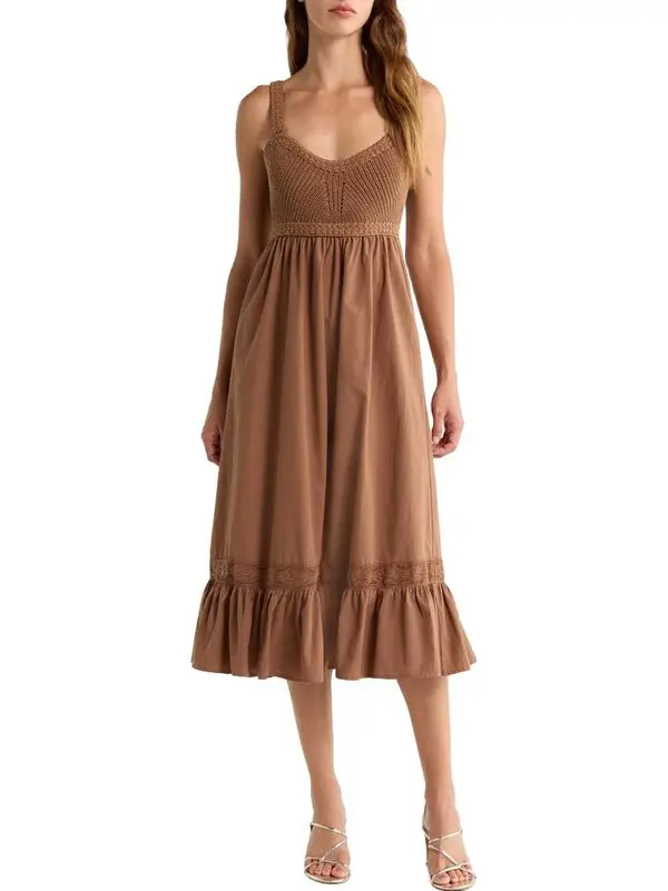 Astr The Label Jacquelin Mixed Media Midi Dress With Crochet Bodice And Open Back - Camel