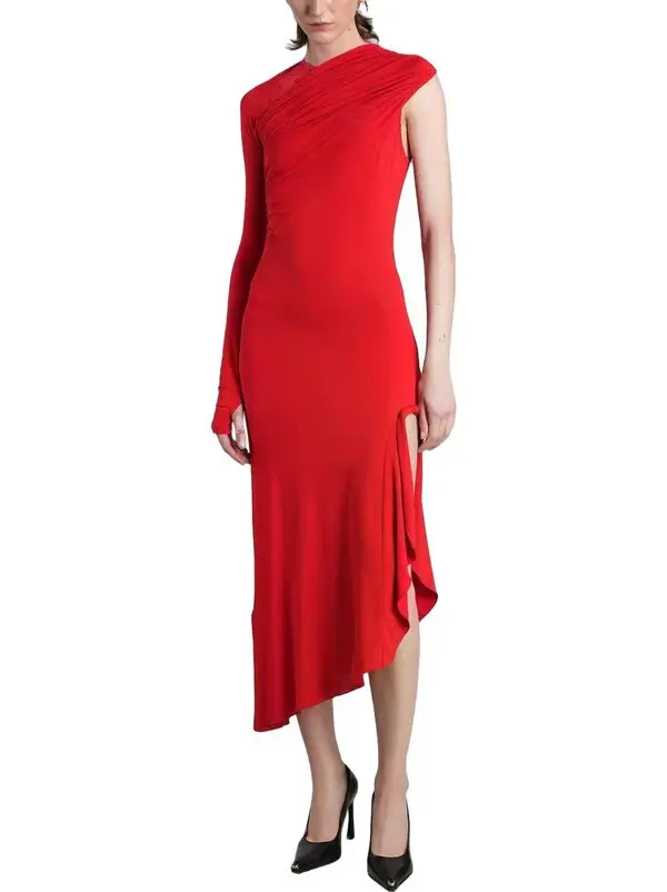 MARINE SERRE Asymmetrical Ruffled Midi Dress - Red