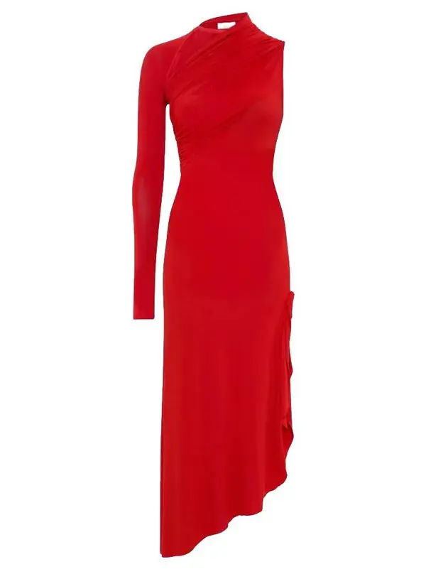 MARINE SERRE Asymmetrical Ruffled Midi Dress - Red