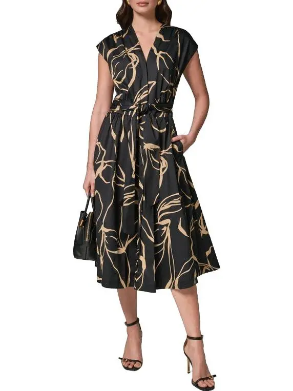 Donna Karan New York Abstract Print Stretch Cotton Midi Dress - Black/fawn