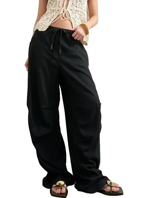 Topshop Wide Leg Linen & Cotton Utility Pants - Black