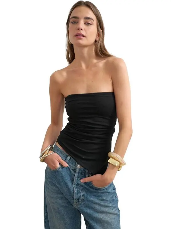 Topshop Strapless Ruched Stretch Cotton Top With Side Slit - Black