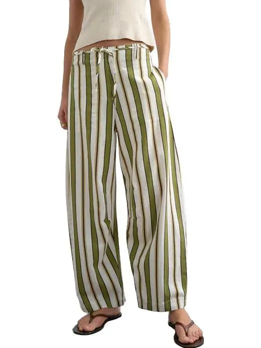 Topshop Stripe Wide Leg Linen & Cotton Pants - Mgreen