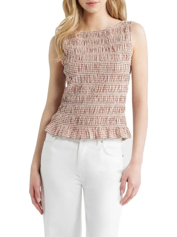 Hill House Home Phoebe Cotton Gingham Smocked Top - Rust Gingham