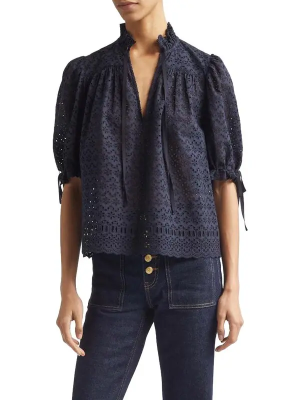 Ulla Johnson Alouette Eyelet Puff Shoulder Top - Midnight