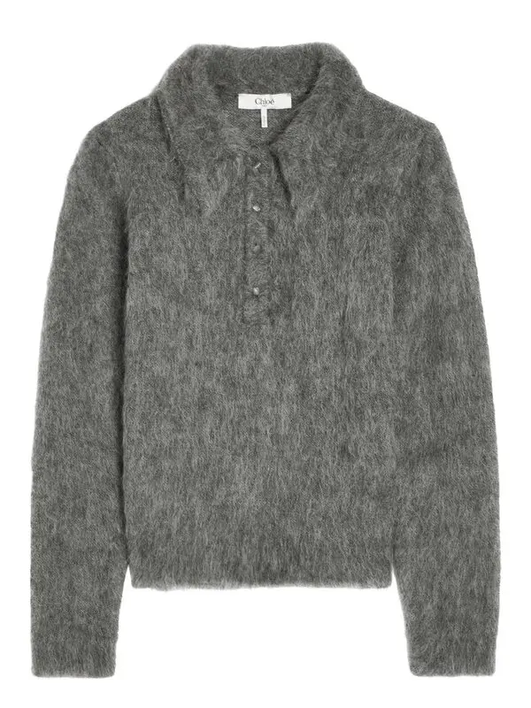 Chloé Brushed Knit Alpaca Wool-blend Polo Top - Grey