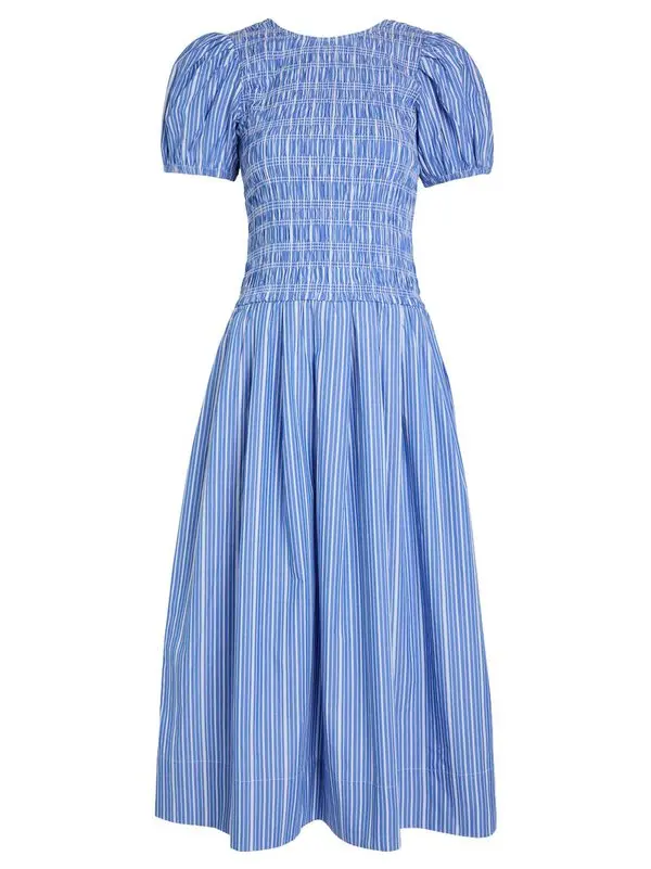 GANNI Striped Shirred Puff Sleeve Midi Dress - Navy