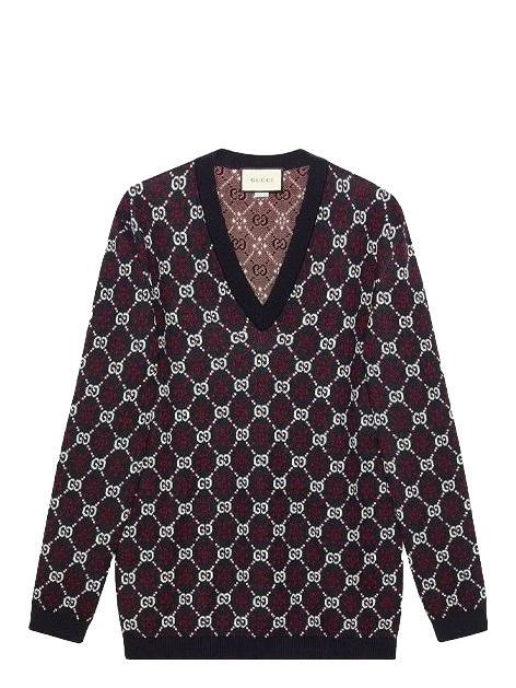 Gucci Logo Embroidered V Neck Sweater - Navy