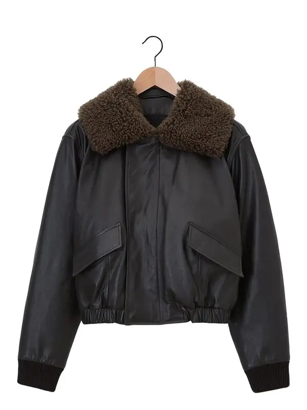 LEMAIRE Zipped Leather Bomber Jacket With Shearling Collar - Espresso