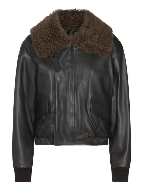 LEMAIRE Zipped Leather Bomber Jacket With Shearling Collar - Espresso
